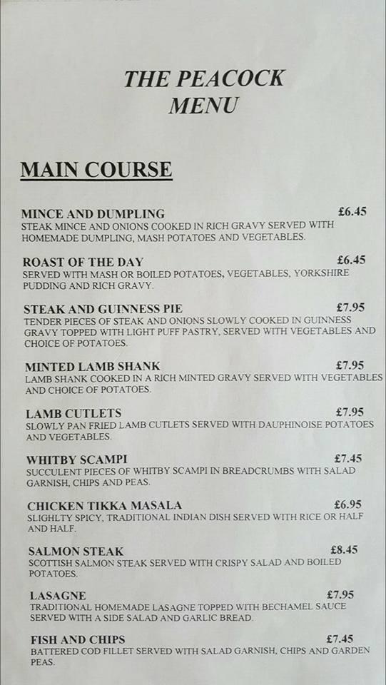 Menu at The Peacock pub & bar, Stanley