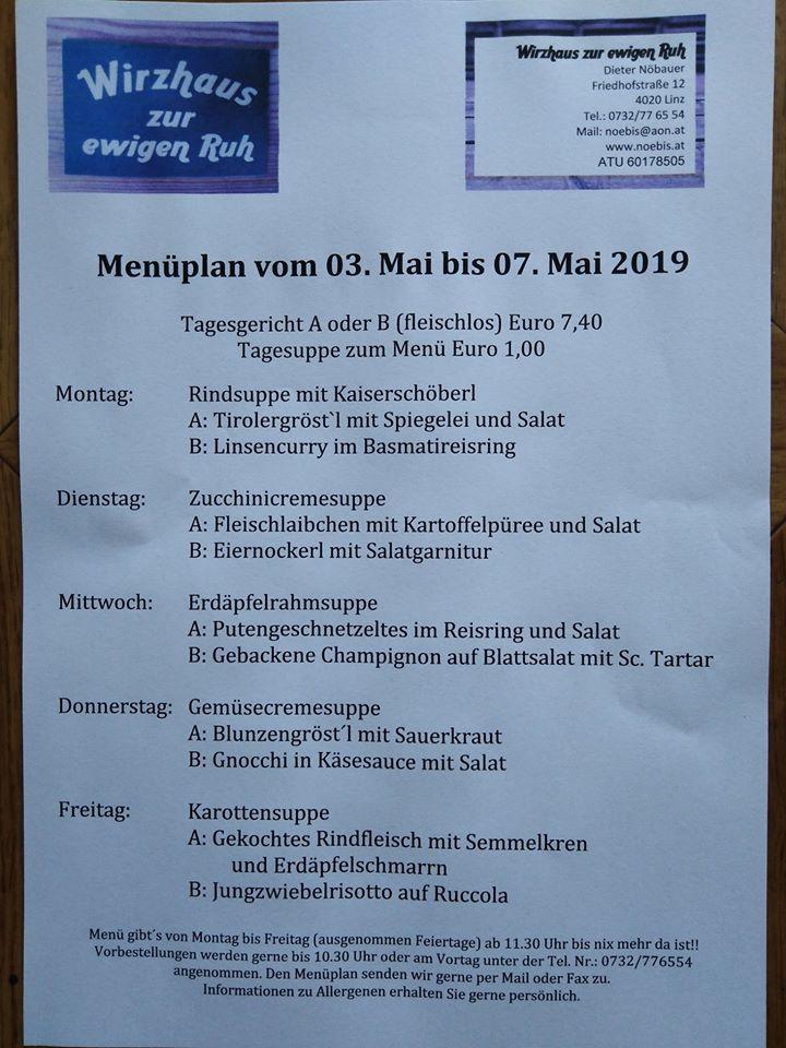 Speisekarte von Wirzhaus zur ewigen Ruh, Linz, Friedhofstraße 12
