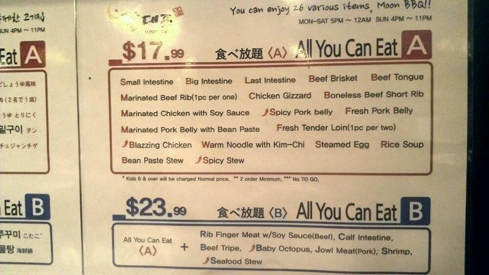 Menu at moon bbq, Gardena