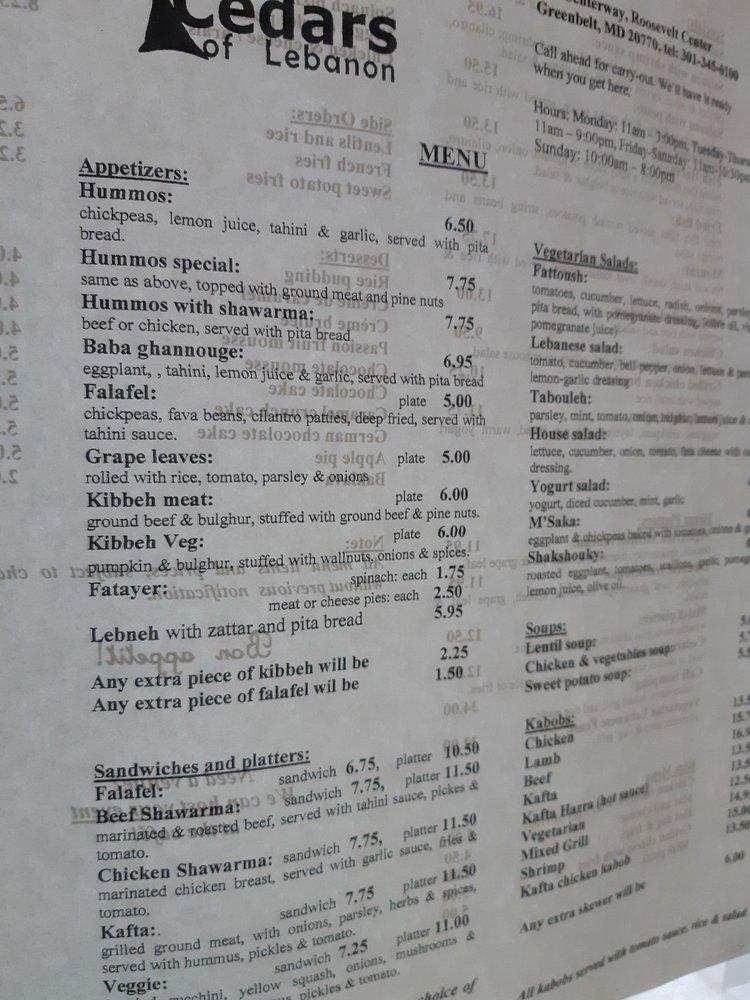 Carta del restaurante Cedars of Lebanon, Greenbelt