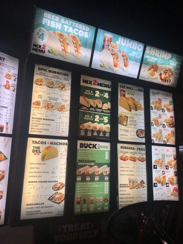 Menu at Del Taco fast food, Los Angeles, Los Feliz Blvd