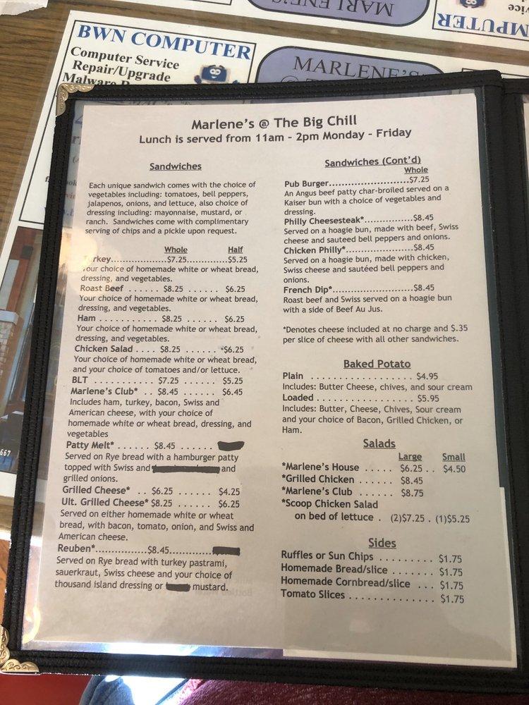 Menu at Marlene's the Big Chill restaurant, Graham