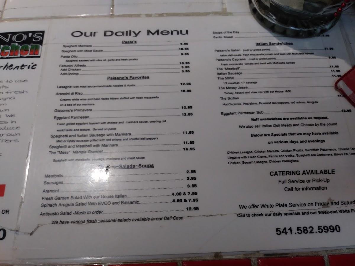 Menu at Paisano's Italian Kitchen restaurant, Rogue River