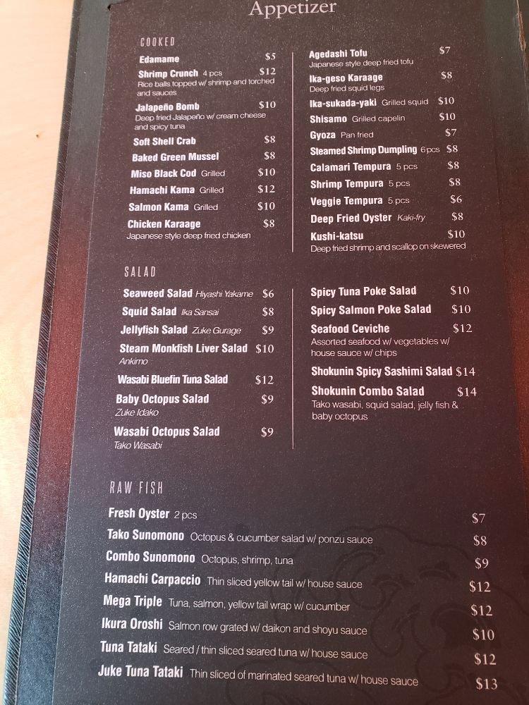 Menu at Shokunin Sushi and Japanese Cuisine restaurant, Lincoln