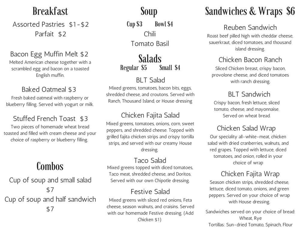 Menu at Cross Caffe cafe, Strasburg