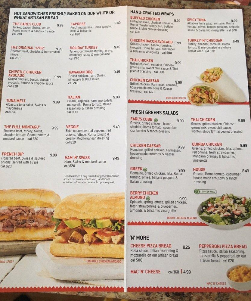 Menu at Earl of Sandwich restaurant, Winnipeg