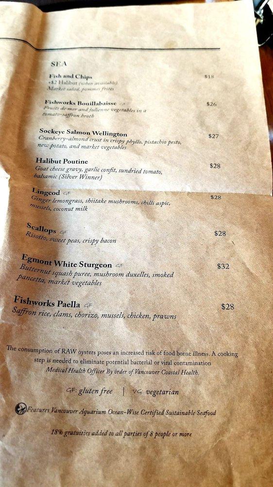 Menu at Fishworks restaurant, North Vancouver