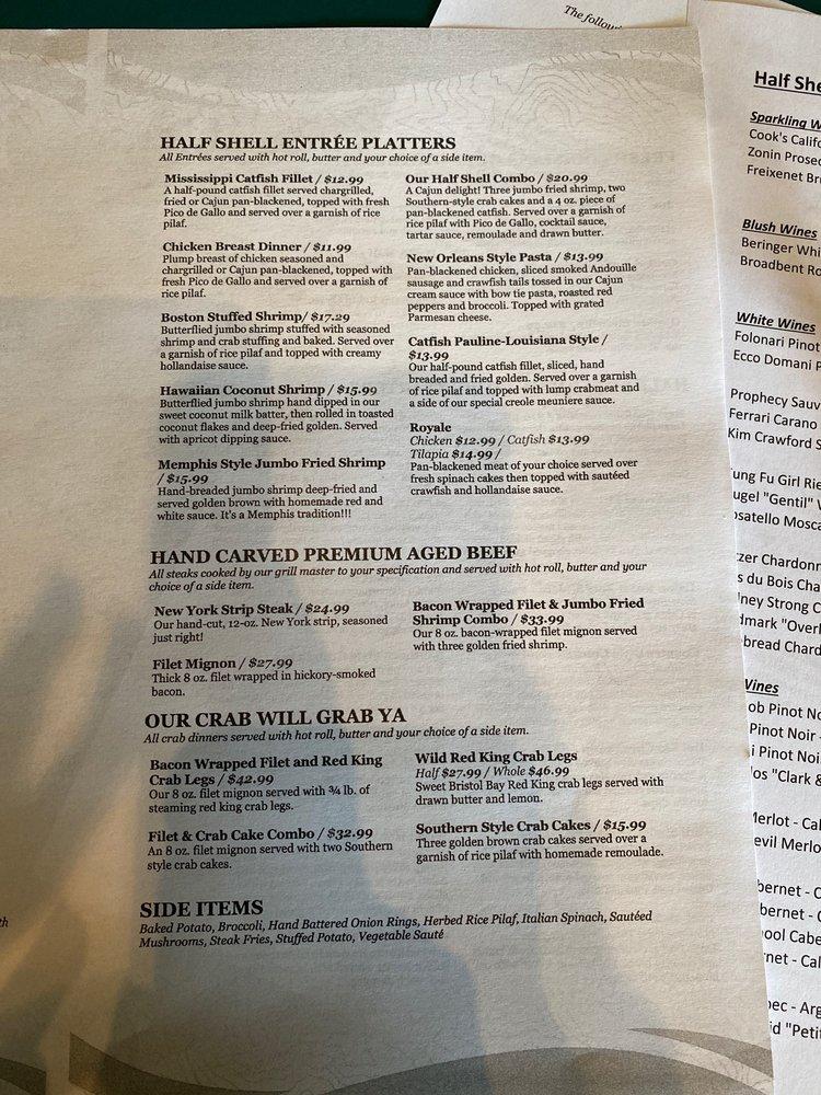 Menu at Half Shell restaurant, Memphis, 688 S Mendenhall Rd