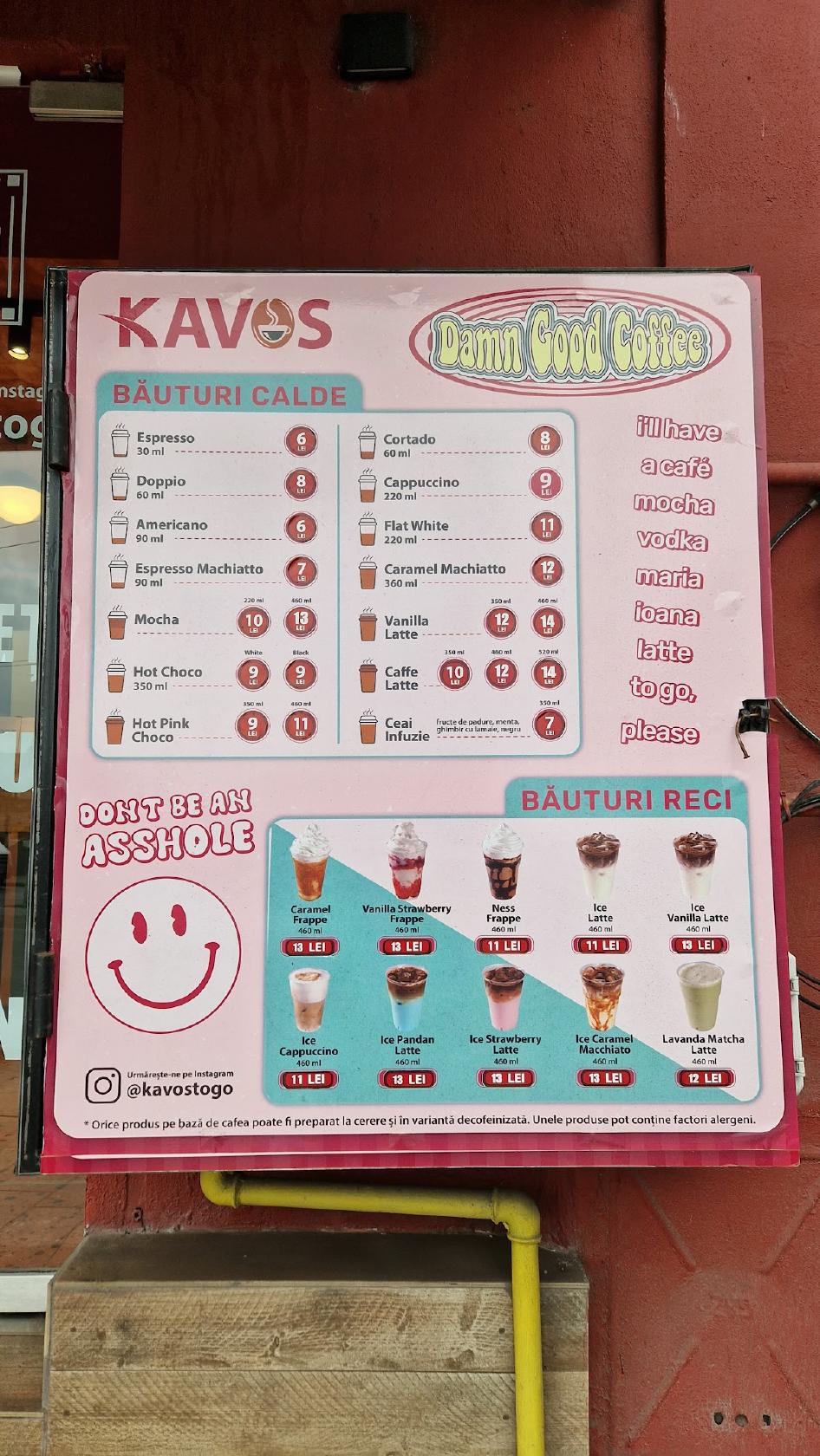 Menu at Kavos, Cluj-Napoca