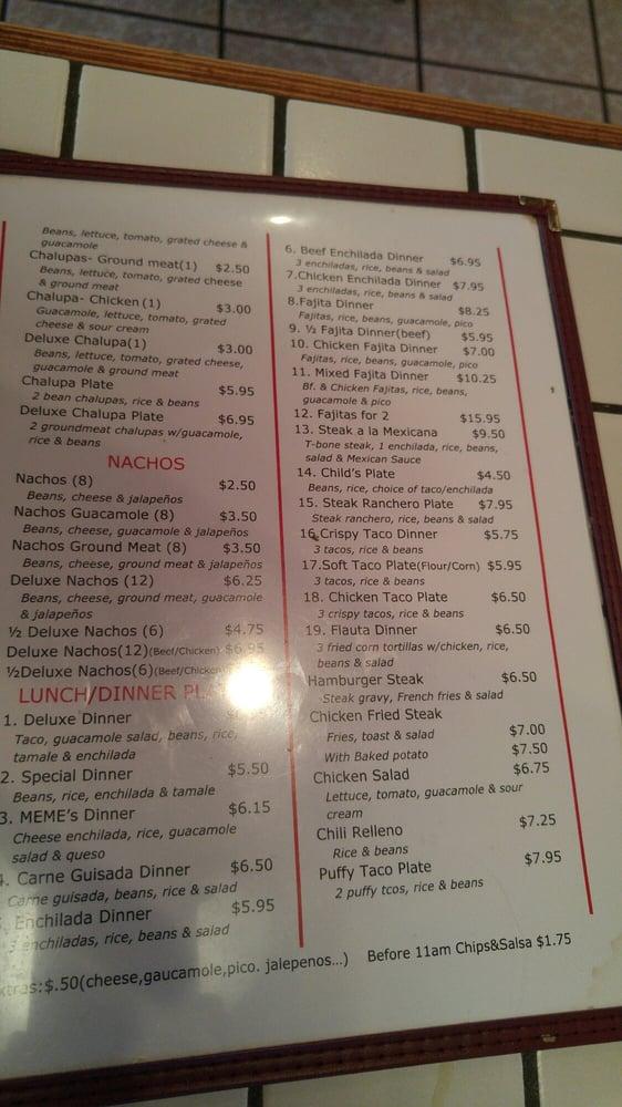 Menu at Meme's Mexican Restaurant, Luling