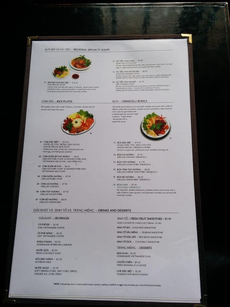 Menu at Pho Linh restaurant, Quincy