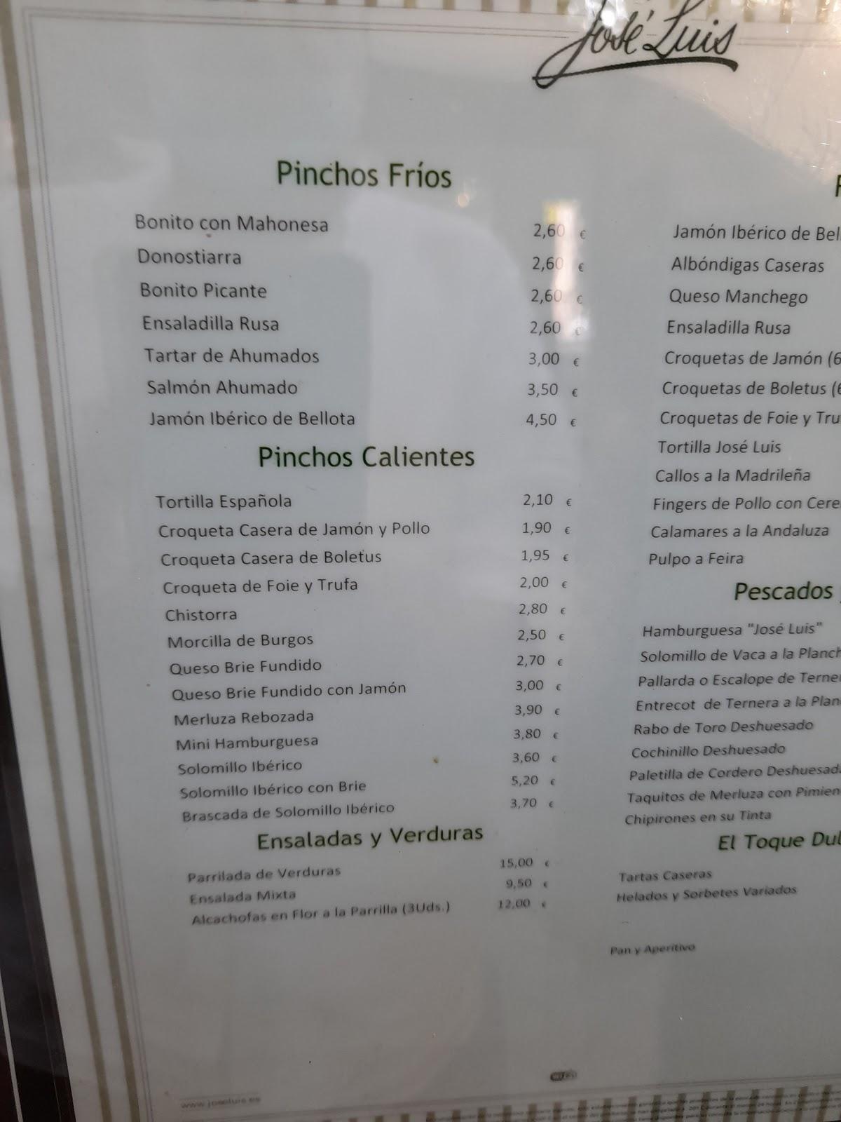 Carta de Restaurante José Luis, Madrid, Paseo de S. Fco. de Sales