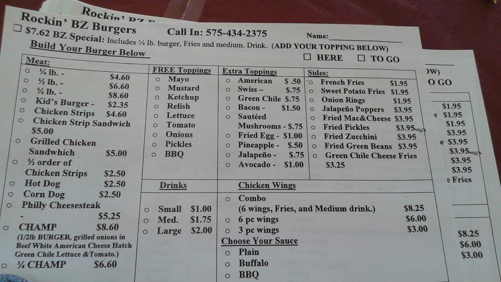 Menu at Rockin' BZ Burgers restaurant, Alamogordo