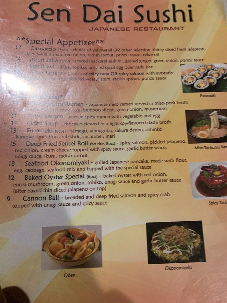 Menu at Sen Dai Sushi restaurant, Milpitas