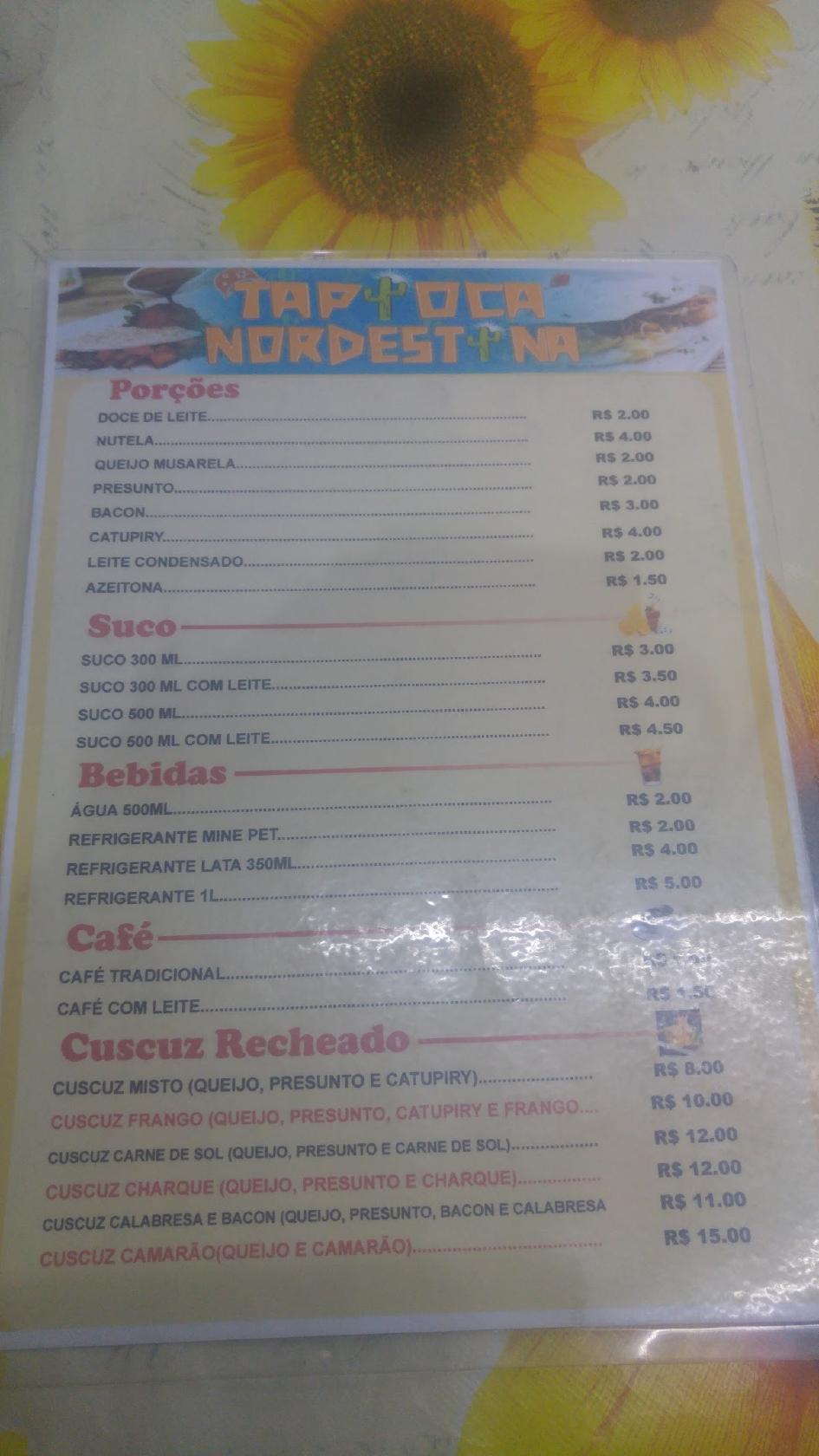 Menu at Tapioca nordestina restaurant, Maceió, R. São João