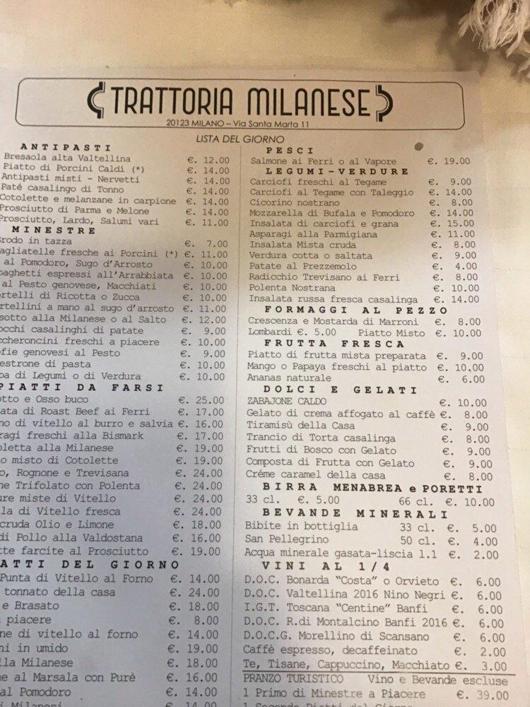 Menu at Trattoria Milanese cafe, Milan, Via Santa Marta