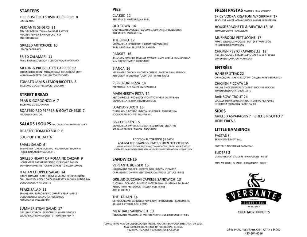 Menu at Versante Hearth + Bar, Park City