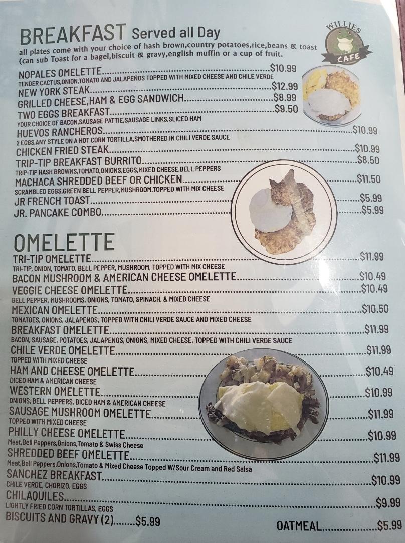 Menu at Willie's Cafe Reedley, Ca., Reedley