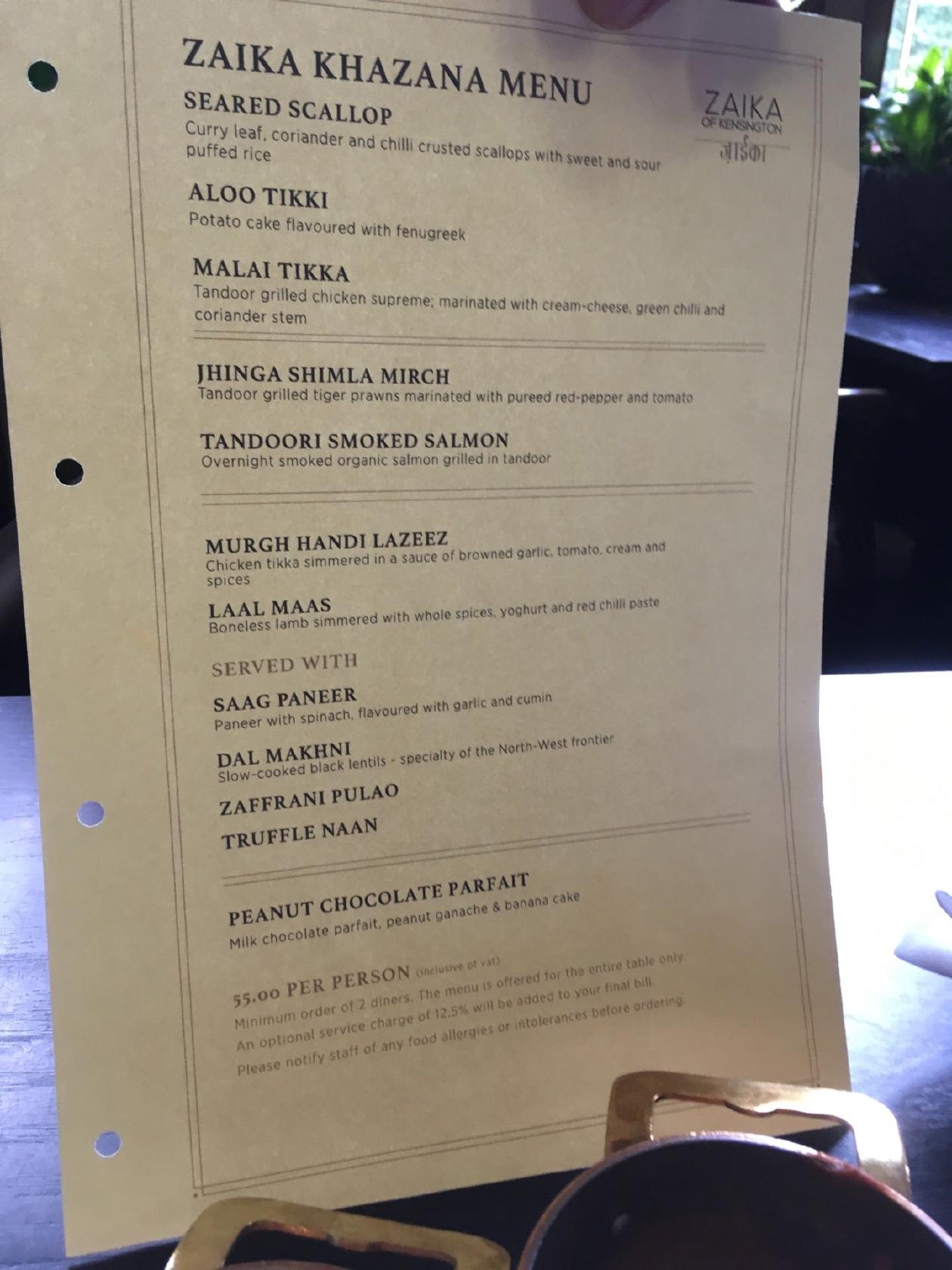 Menu at Zaika restaurant, London, 1 Kensington High St