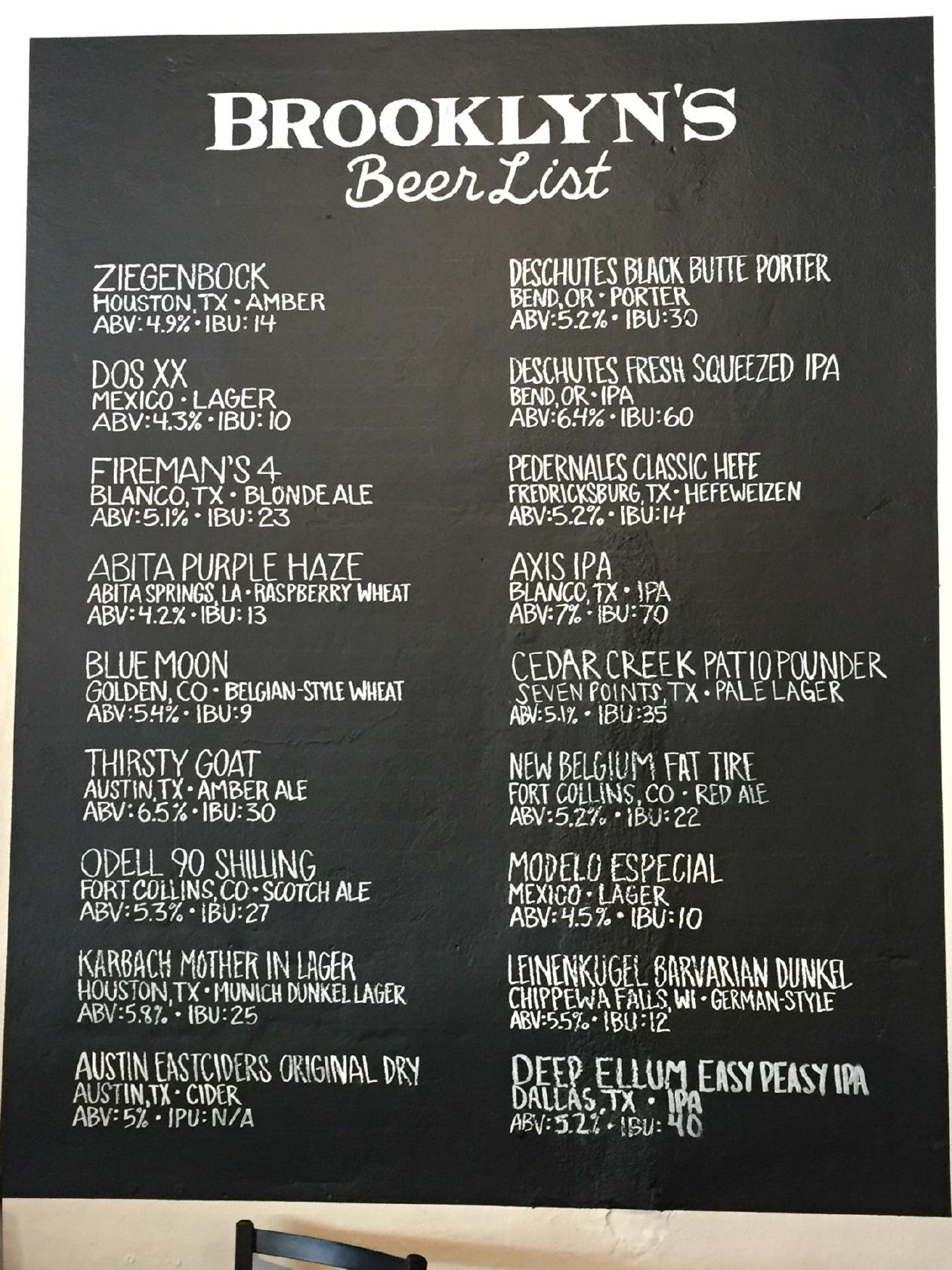 Menu at Brooklyn's Down South restaurant, Buda