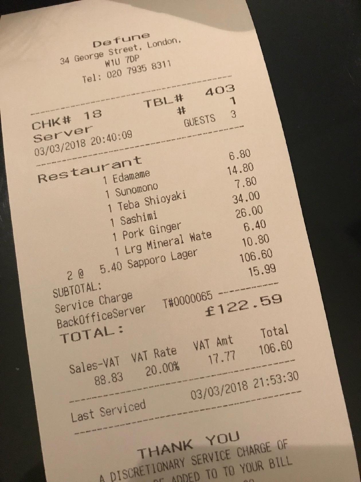 Menu at Defune restaurant, London