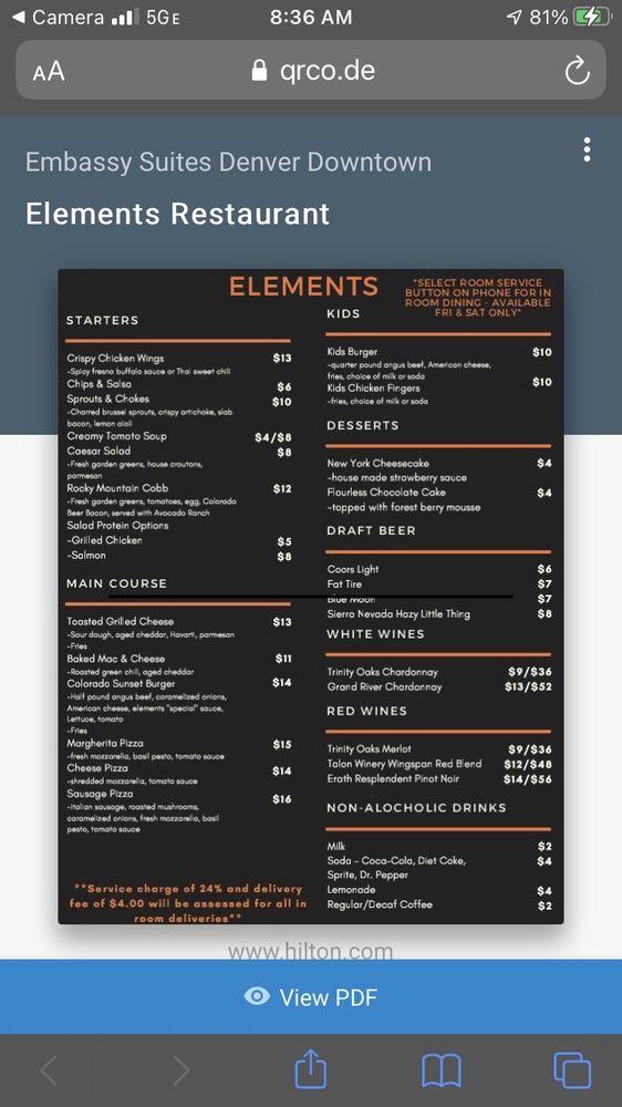 Menu at Elements pub & bar, Denver
