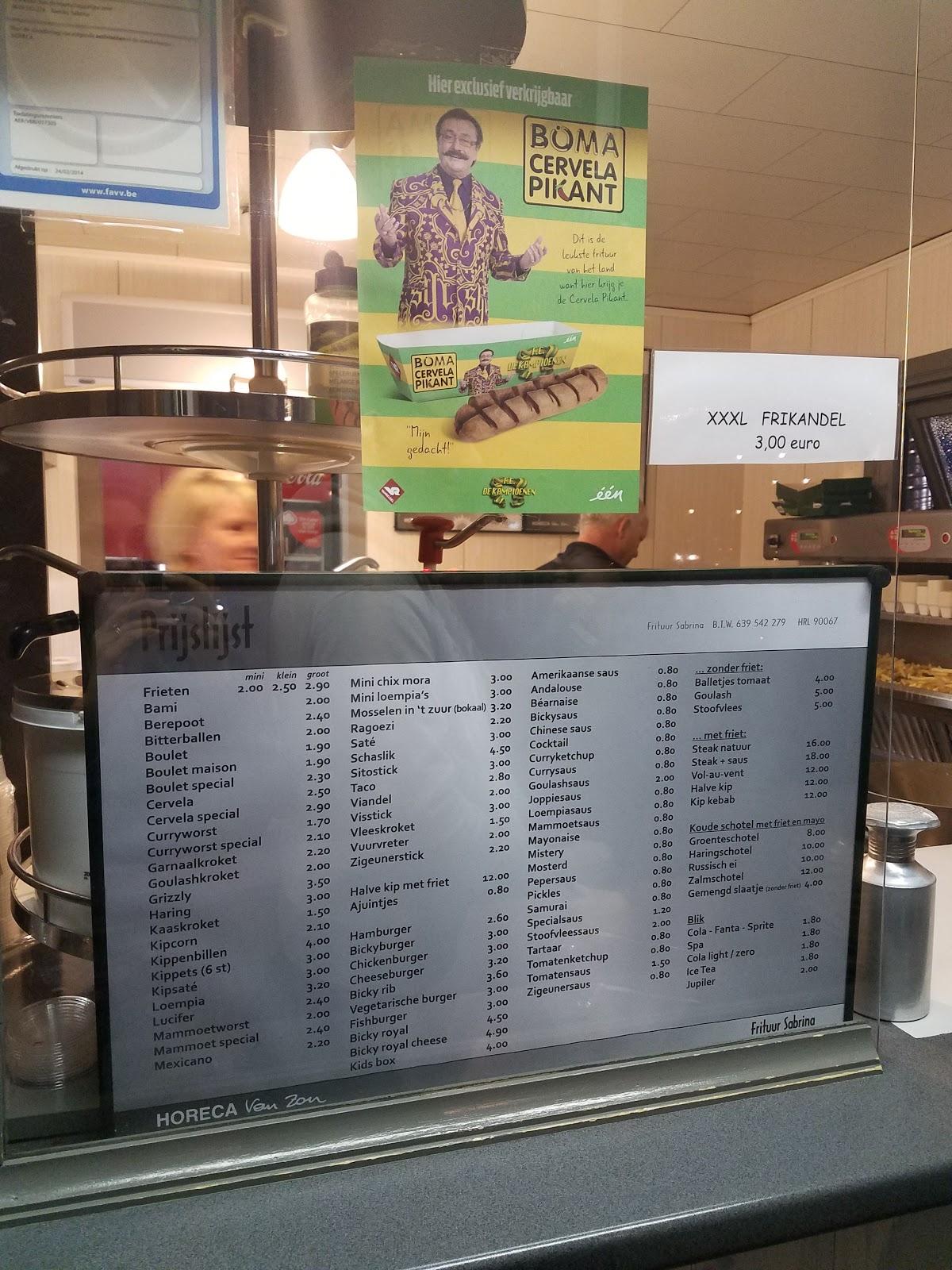 Menu at Frituur Sabrina, Bertem