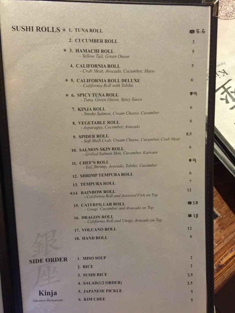 Menu at Kinja Japanese Restaurant, Yelm