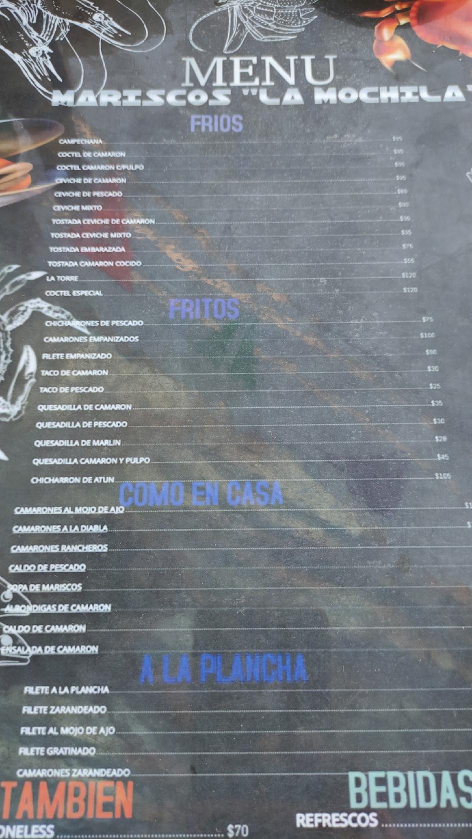 Menu at Mariscos la Mochila restaurant, Los Mochis, Blvd. Rosendo G ...