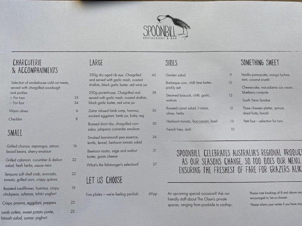 Menu at Spoonbill Restaurant and Bar, South Yarra