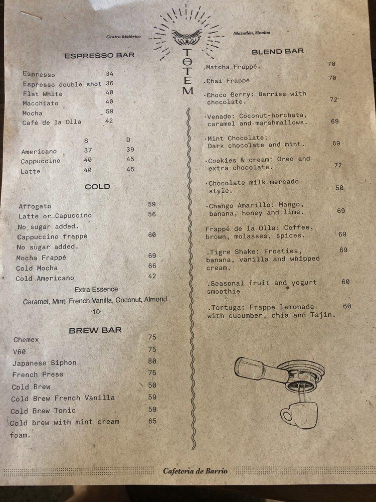Carta de cafetería Tótem, Mazatlán
