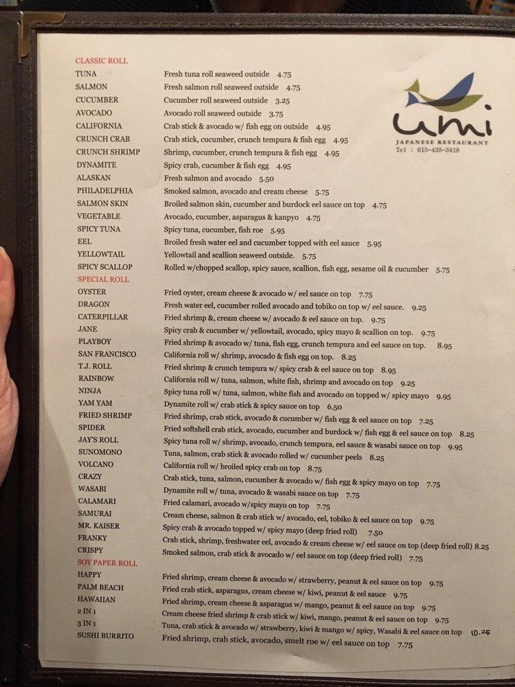 Menu at Umi Japanese Restaurant, Franklin