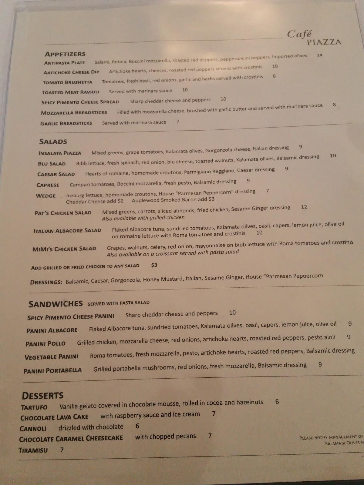 Menu at Cafe Piazza, Collierville, 139 S Rowlett St