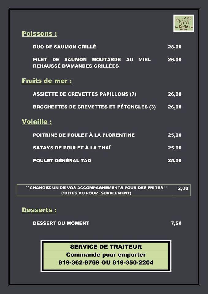 Menu au Le Kaffé Inn restaurant, Plessisville, Rue St Calixte