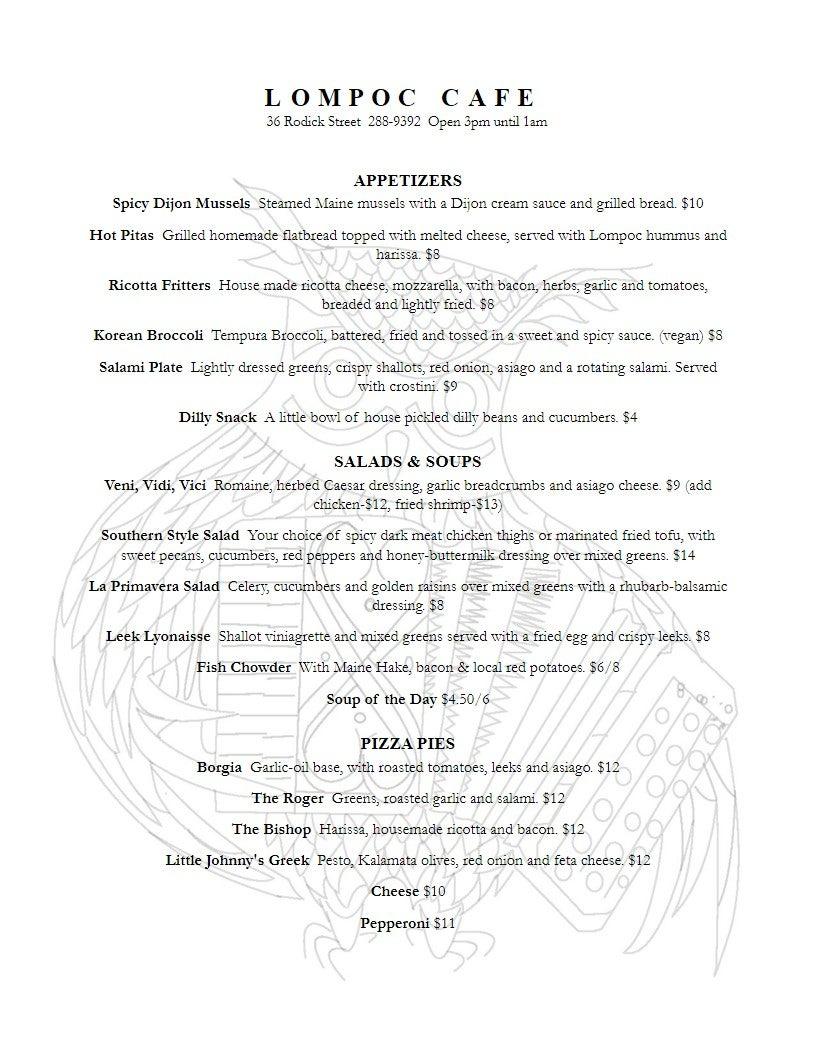 Menu at Lompoc Cafe, Bar Harbor