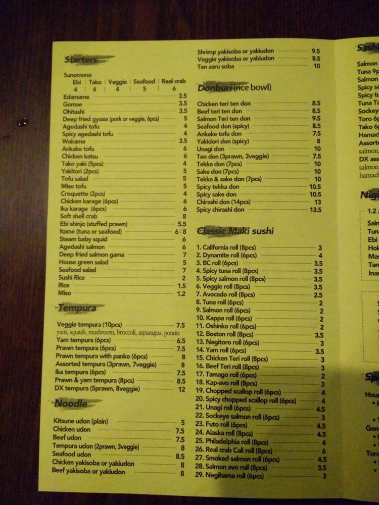 Menu at Sushi Den restaurant, Vancouver