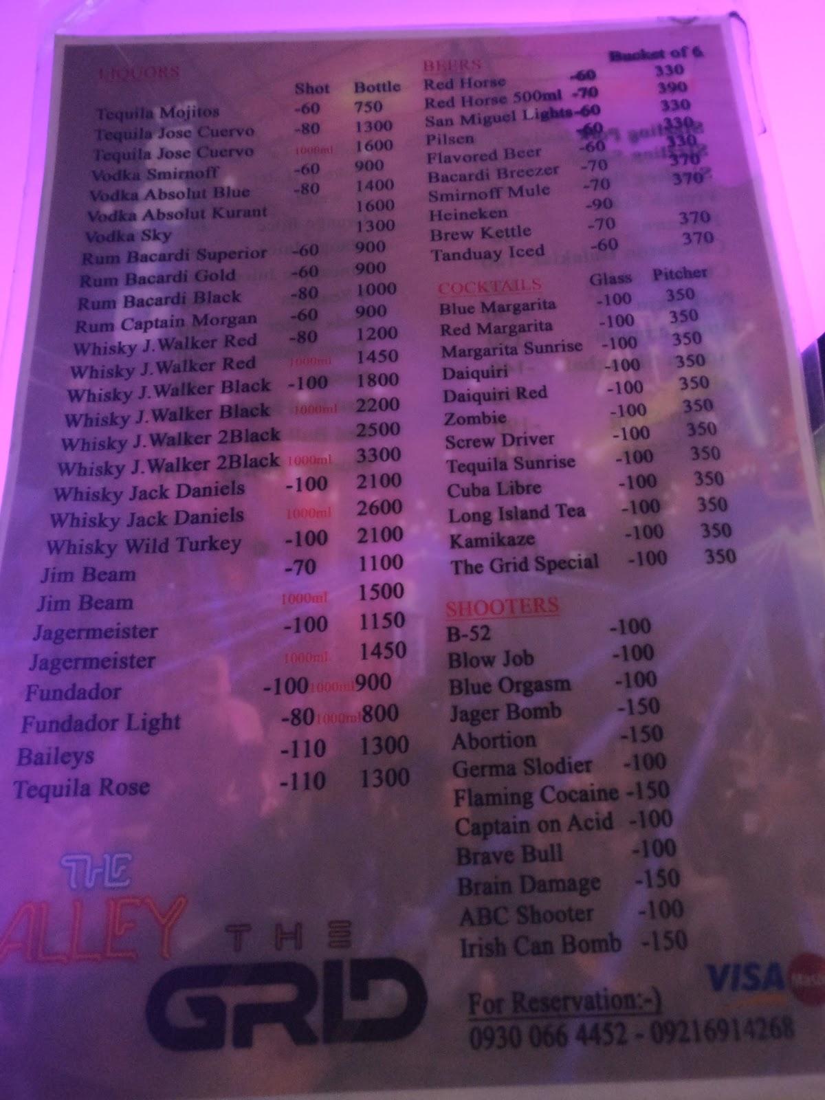 Carta del pub y bar The Grid, Dávao
