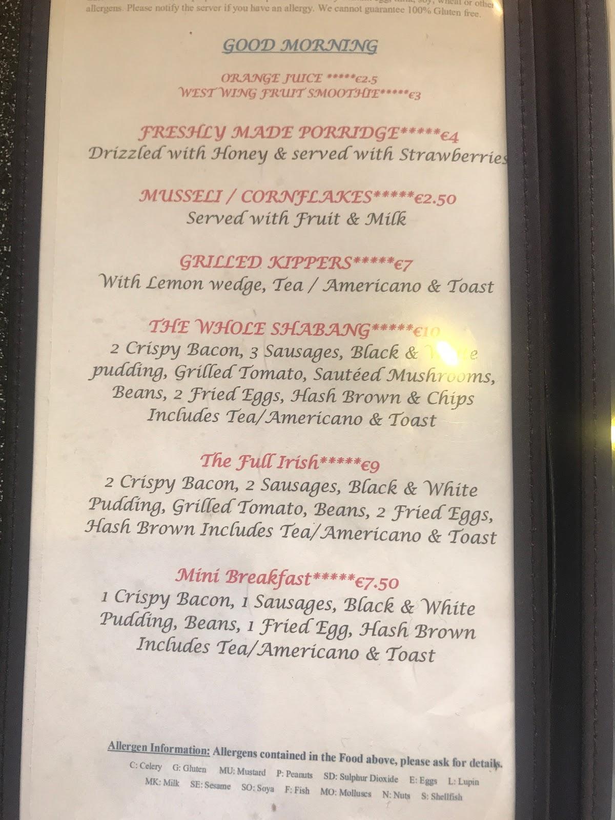Menu at The West Wing Restaurant, Tuam