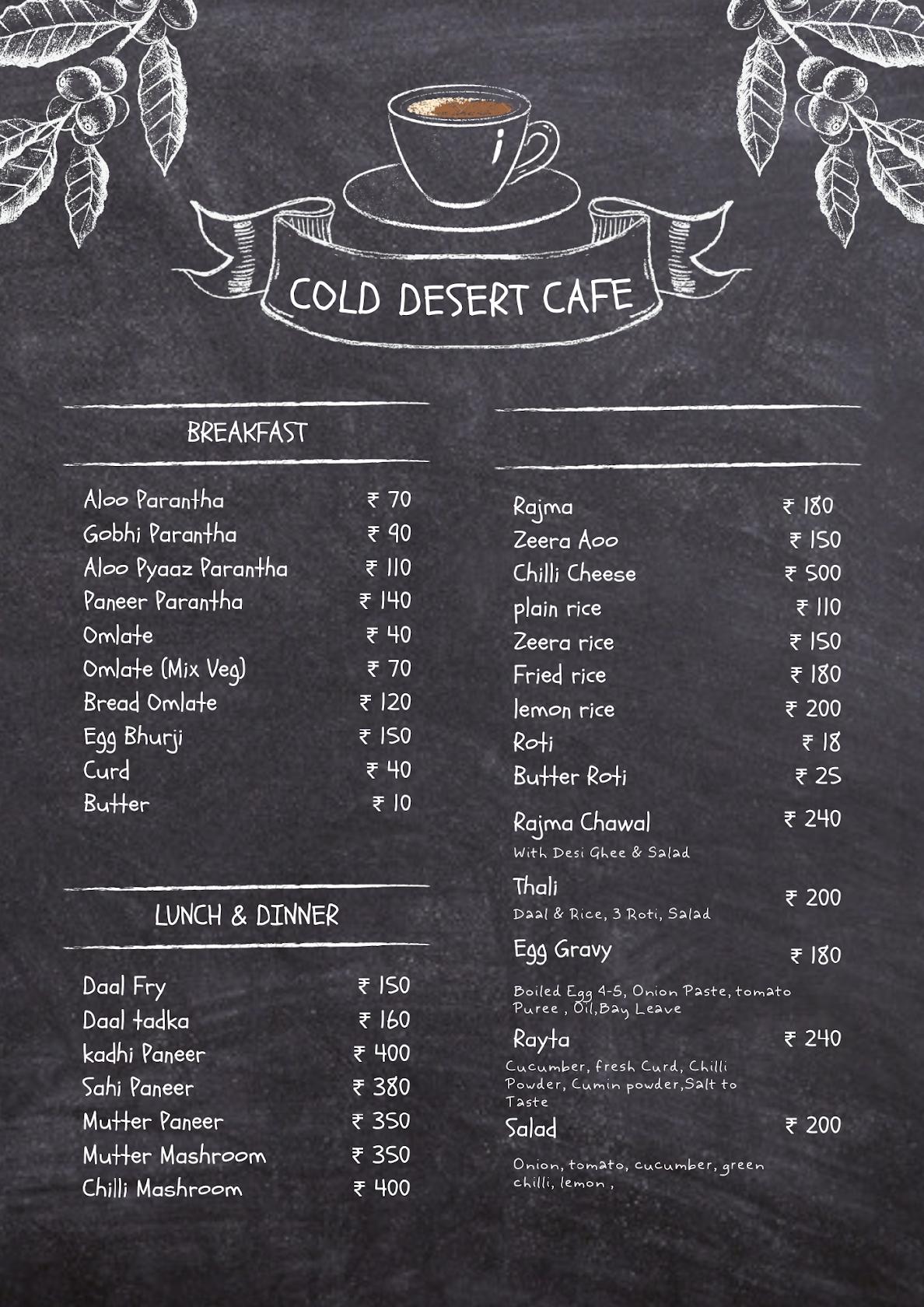 Menu at Cold Desert Cafe, Kaza
