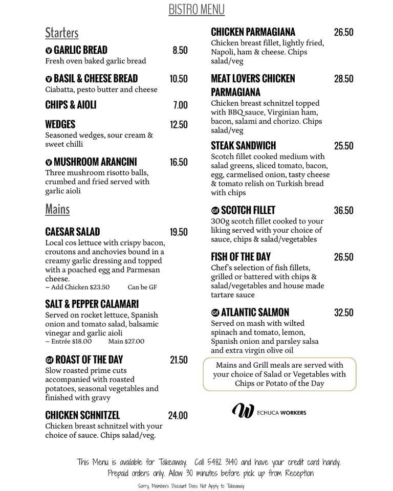 Menu at Echuca Workers restaurant, Echuca