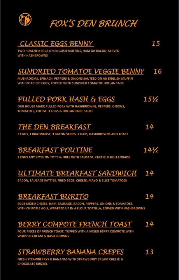 Menu at Fox's Den Bar & Grill, Williams Lake