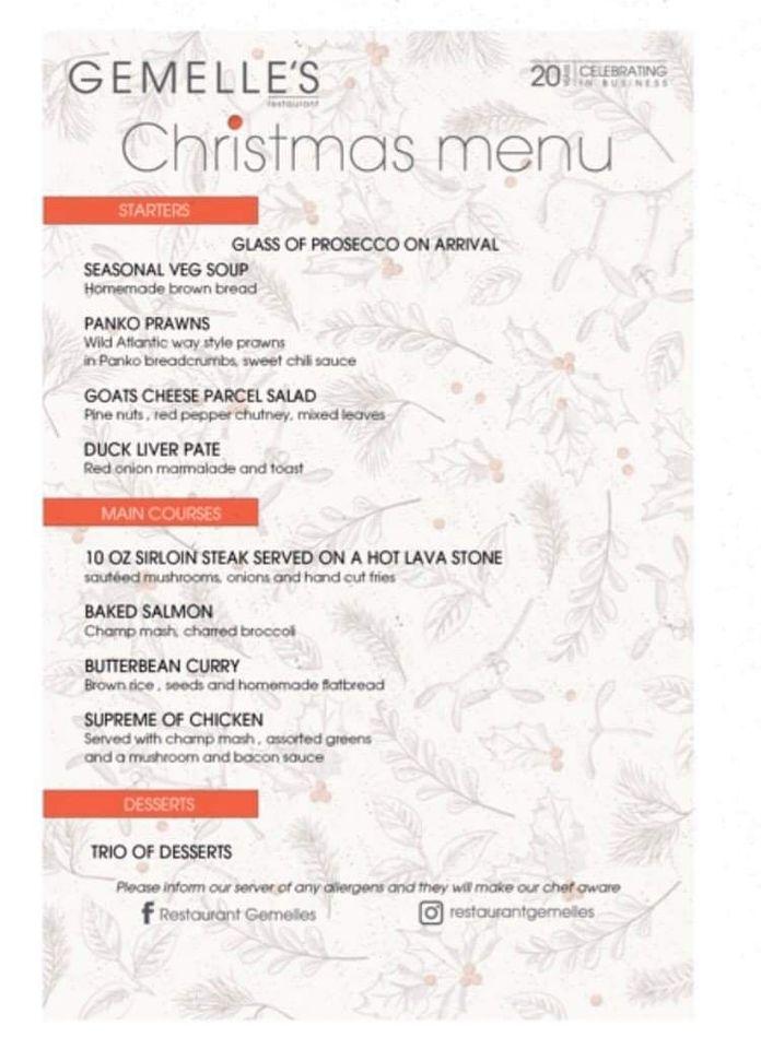 Menu at Gemelle's restaurant, Galway