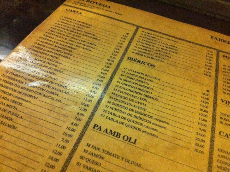 Carta del restaurante La Bóveda, Palma del Mallorca, Calle BOTERIA