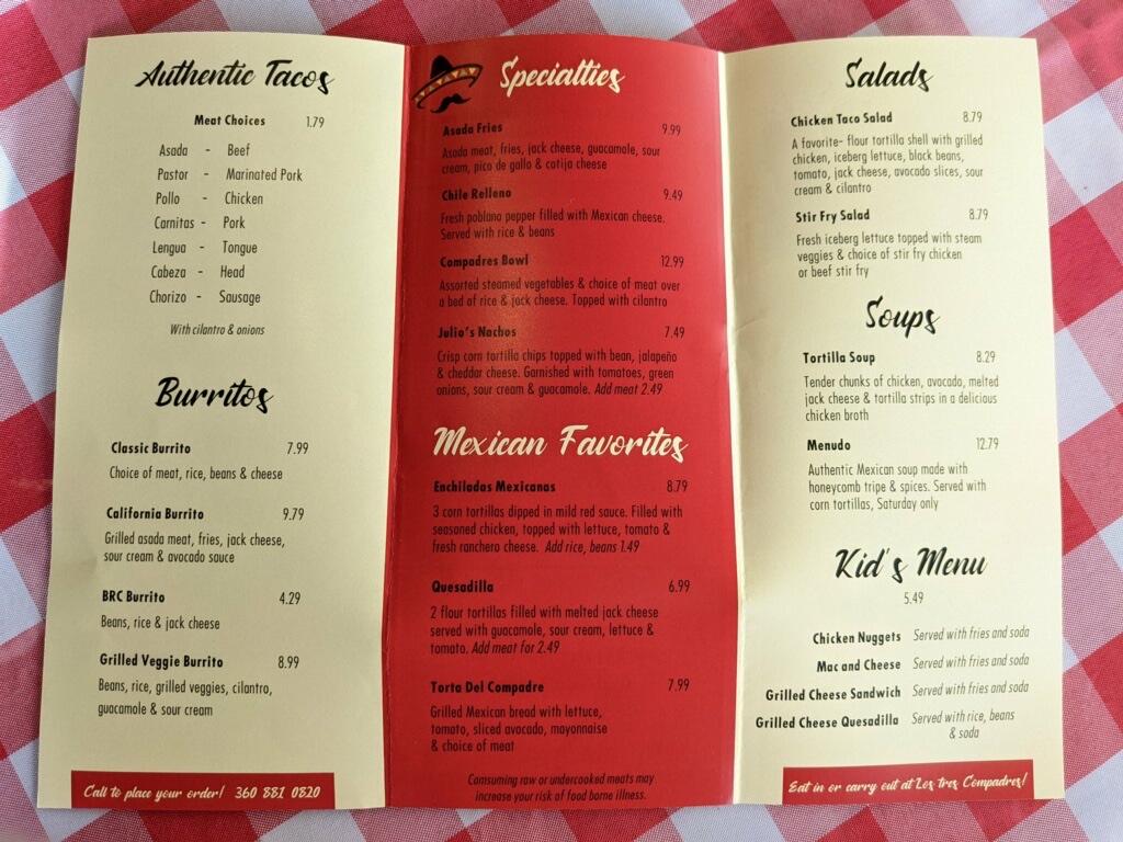 Menu at Los Tres Compadres restaurant, Kingston