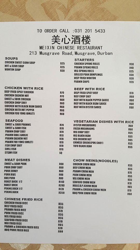 Menu at Meixin Chinese & sushi Restaurant, Durban