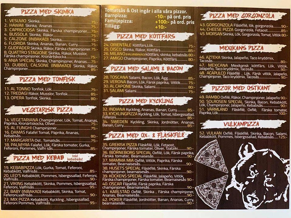 Menu at Pizzeria Björnen, Sweden