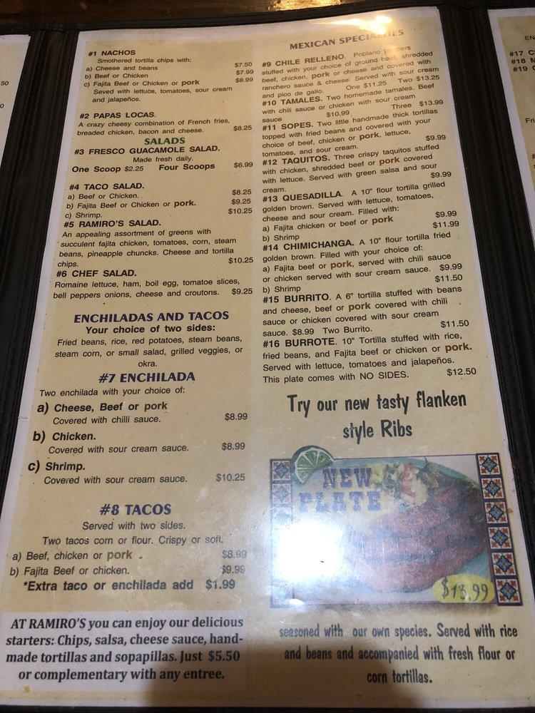 Menu at Ramiro's Mexican Restaurant, Woodward