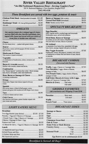 Menu at River Valley Restaurant, Cave Junction