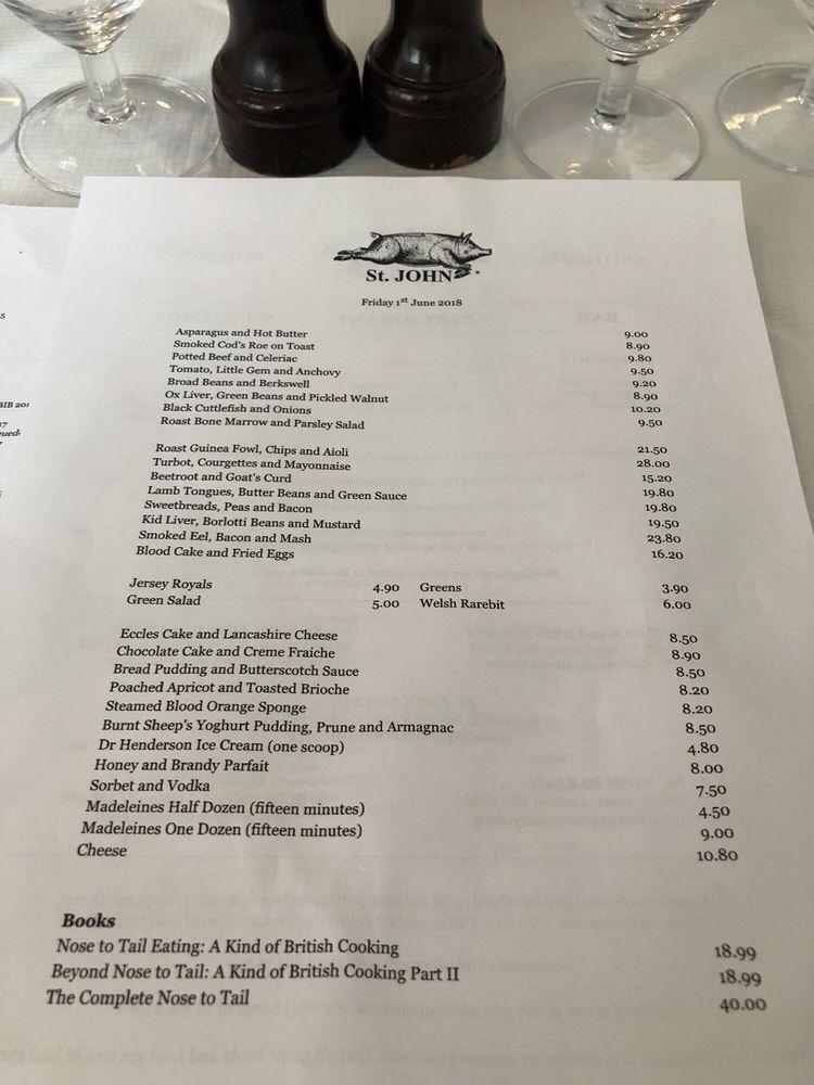Menu at St. John pub & bar, London