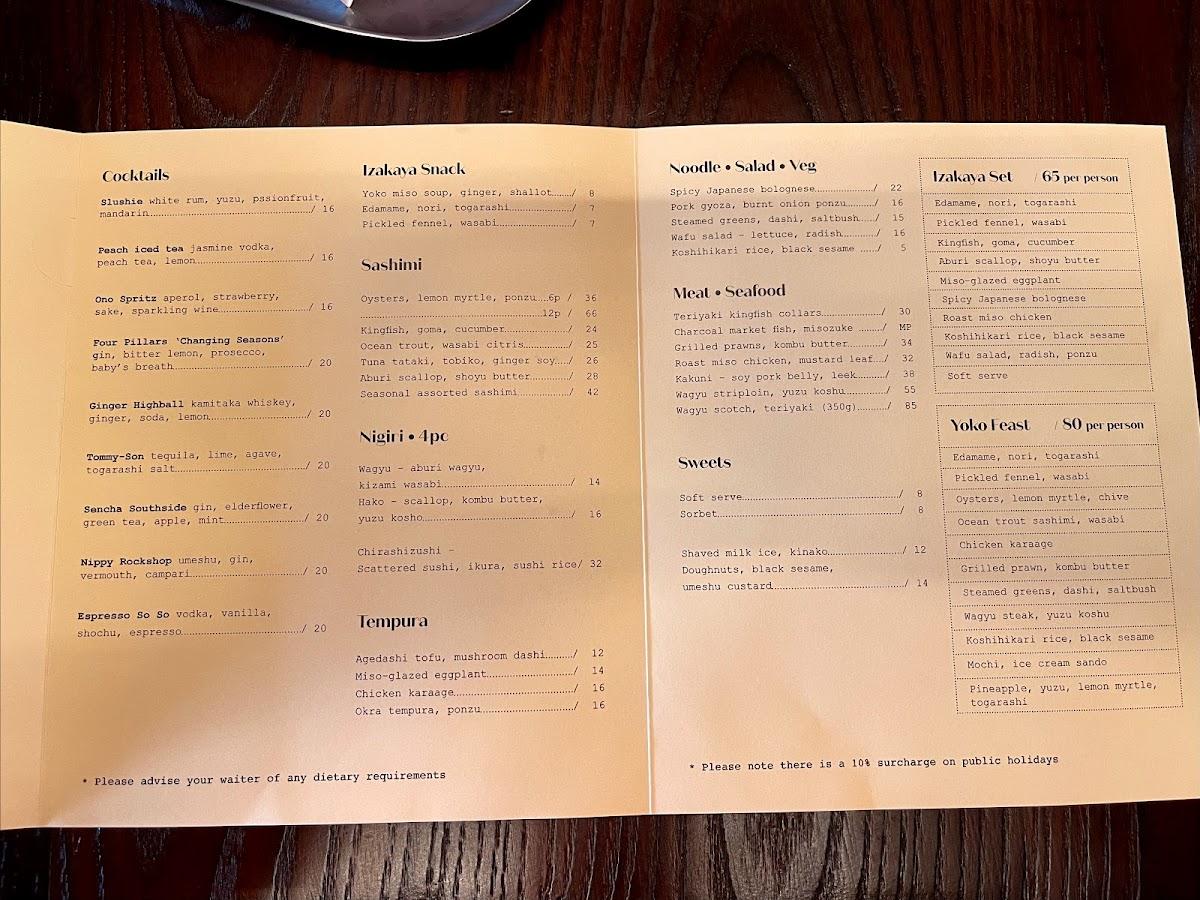 Carta del restaurante Yoko Dining, Brisbane